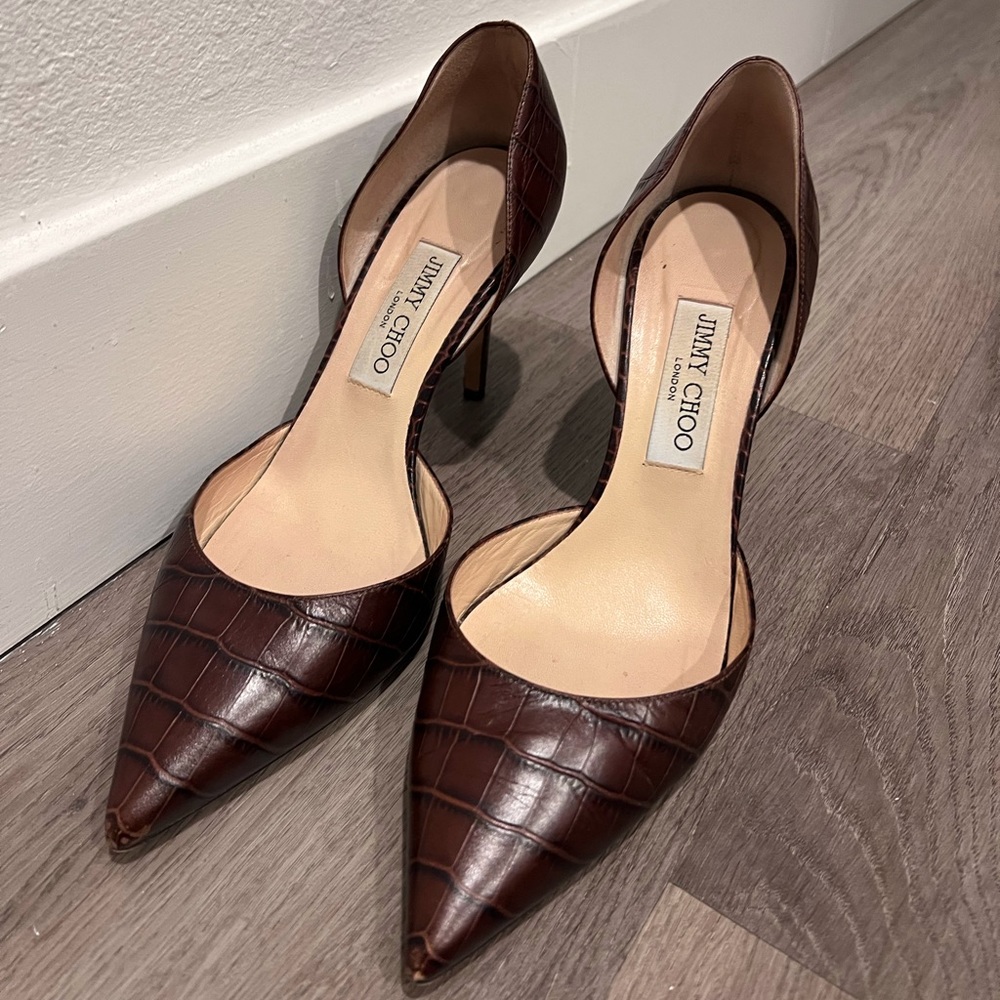 Jimmy Choo Croc-Embossed Brown Leather Pumps - Size 3… - Gem